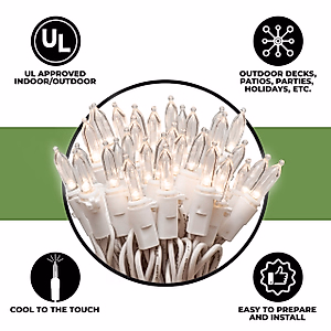 612 Vermont 100 White LED Christmas Lights on a White Wire Cord, UL Approved for Indoor and Outdoor Use, Lighted Length 18.5 Feet, Total Length 20.8 Feet, Connect Up to 27 Sets End to End