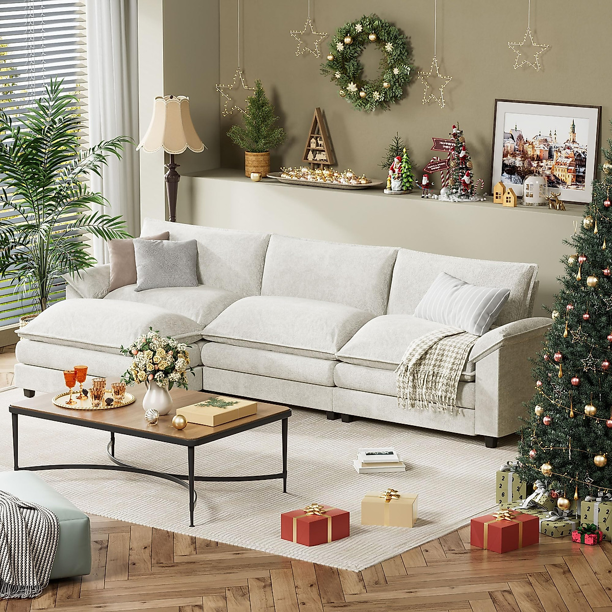 YESHOMY Sectional Modular Sofa L Shaped Chenille Fabric Couch with High Supportive & Soft Sponges and Removable Ottoman, Sleeper Comfy Upholstered Furniture for Living Room, White