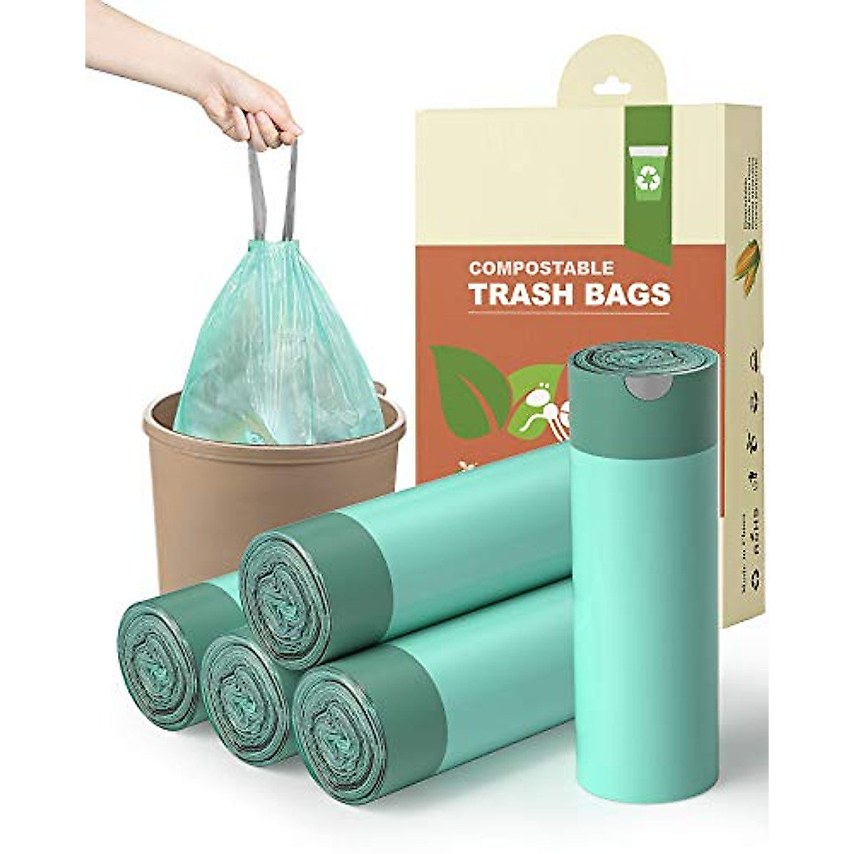1.2 Gallon Trash Can Liners,125 Counts Drawstring Mini Trash Bags, Strong Small Compostable Trash Bags Small Bathroom Trash Bags for Home Kitchen Office Fit 4.5-5 Liter Trash Can,1-1.5 Gallon (Green)