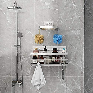 KESOL Shower Caddy + Soap Dish with Hooks for Hanging Sponge and Razor, Shower Organizer Shampoo Holder, No Drilling Adhesive Wall Mounted, Rustproof SUS304 Stainless Steel- 2 Pack