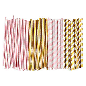 ALINK 200 Colorful Flexible Straws + 100 Gold Pink Paper Straws