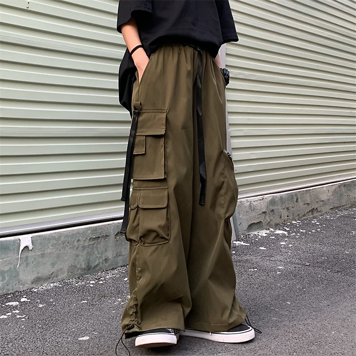 Women Joggers Goth Y2K Baggy Loose Pants Outdoor Cargo Pants Punk Streetwear (Army Green,L)