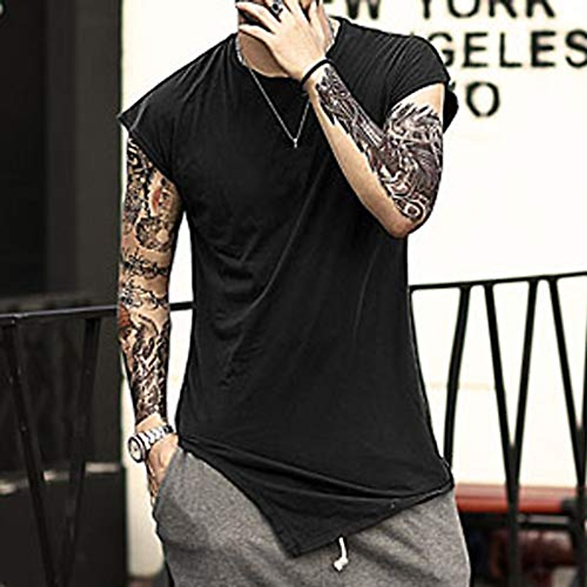 YOMXL Men Solid Color Irregular Hem Tops Athletic Sport Soft Tank Tops Casual T Shirt Tee Black