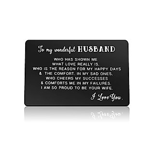 Husband Gift from Wife Engraved Metal Card Gifts for Husband Anniversary Valentines Day Gifts for Him Men Thank You Husband Gifts Wedding Day Gift Inspirational Christmas Card for Husband from Wife