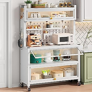 Kitchen Baker's Rack with Flip Door Cabinet, 5-Tier Microwave Stand with Pegboard Accessories, Large Metal Storage Shelves for Garage Pantry Home Kitchen Spices, Pots, and Pans (White)
