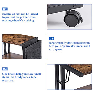 Printer Stand with Storage Bag Under Desk Printer Table on Wheels 2 Tier Small Desktop Rolling Stand Shelf for Fax Machine Scanner Files (Brown)