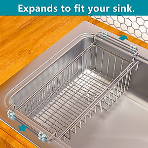 FavoThings Over The Kitchen Sink Caddy Sponge Holder Organizer Drying Rack Expandable for Sponge Brush Soap Dish Cloth Rag 14.5" to 22", Stainless Steel