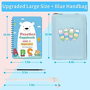 Learn-Journey Upgraded Large Size Magic Practice Copybook for Kids, Handwriting Practice Workbook, Reusable Writing Practice Book for Preschools(4 Books with Pens)-Blue Bag