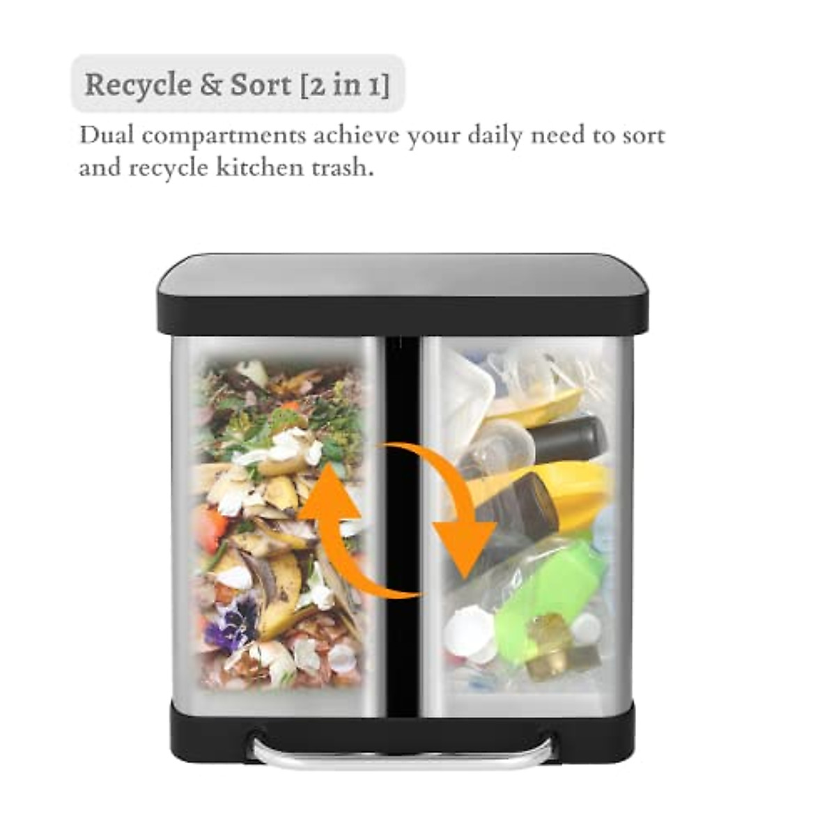 Arlopu 16 Gallon Dual Trash Can, 60L Stainless Steel Kitchen Garbage Can, Step-on Classified Recycle Garbage Bin with Removable Inner Buckets, for Kitchen, Living Room, Office, Silver (2x30L)