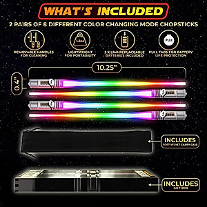 LIGHTSABER CHOPSTICKS LIGHT UP STAR WARS LED Glowing Light Saber Chop Sticks REUSABLE Sushi Lightup Sabers Removable Handle Dishwasher Safe 8 Color Modes 2 Pairs