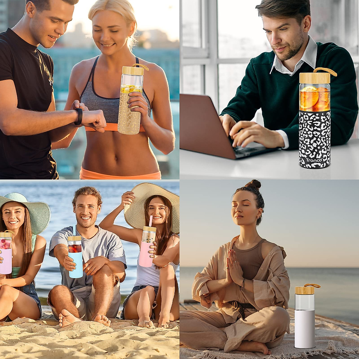 Tronco 24 oz Glass Water Bottles with Straw and 2 Bamboo Lids,Iced Coffee Cup Reusable, Smoothie Cup,Glass Boba Cup,Glass Tumbler with Silicone Protective Sleeve BPA Free - 1 Pack