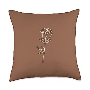 Aesthetic Room Decor Cute Things and Home Stuff Minimalist Line Art Rose White Flower Terracotta Hand-Drawn Throw Pillow, 18x18, Multicolor