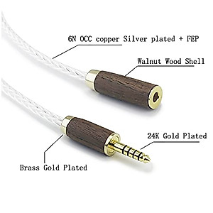 NewFantasia 4.4mm Balanced Male to 4.4mm Balanced Female Headphone Audio Adapter Cable 8 Cores 6N OCC Copper Single Crystal Silver Plated Wire Walnut Wood Shell 15cm