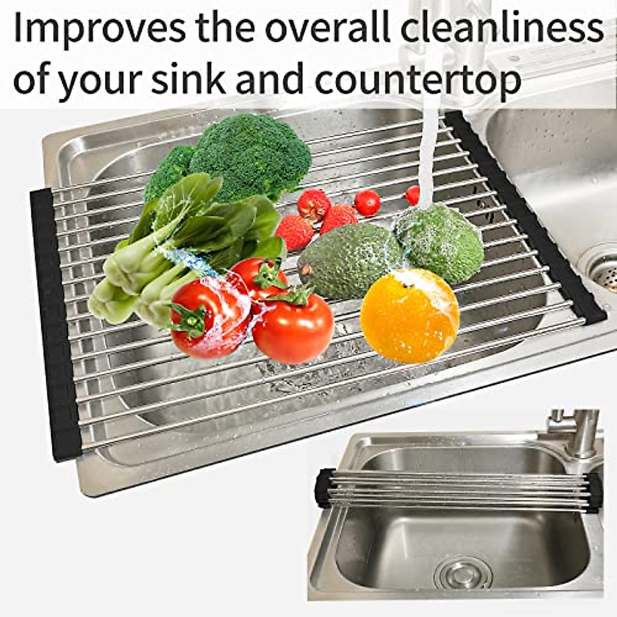 Ahyuan Roll up Dish Drying Rack Over The Sink Kitchen Roll up Sink Drying Rack Portable Dish Drainer Foldable Dish Drying Rack (Stainless Steel 17.7''X11.8'', Black)