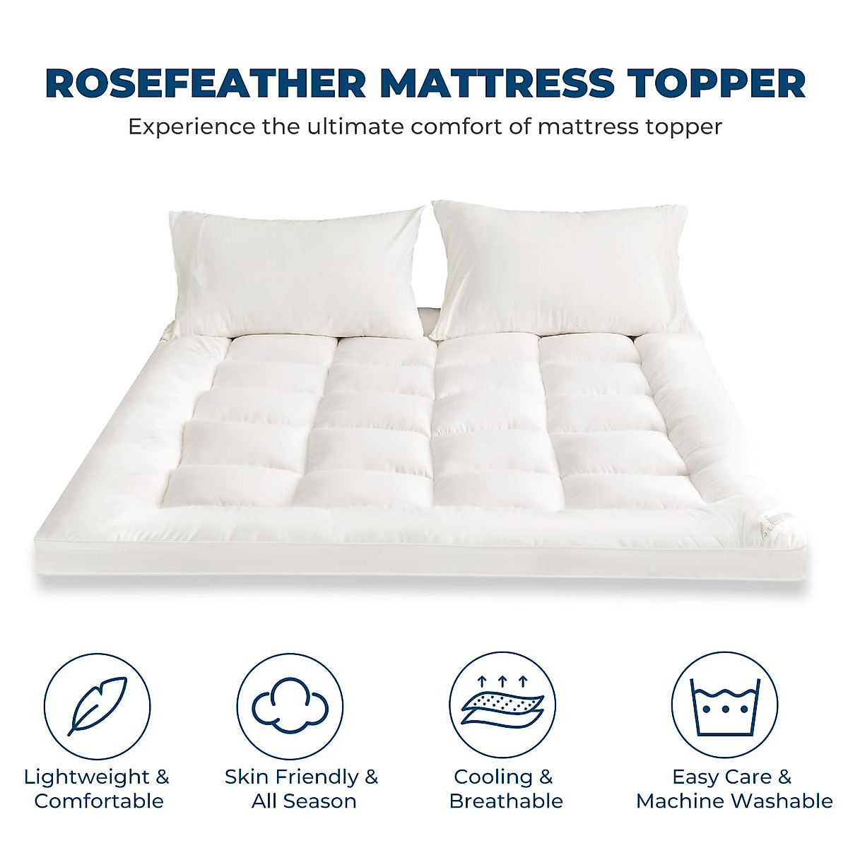 ROSE FEATHER Mattress Topper Queen, Mattress Pad Dorm Bedding, Bed Mattress Cover with Straps, Extra 2-inch Thick Mattress Pad Topper Cover with 100% 1500T Peach Skin Fabric(60"x80"), White