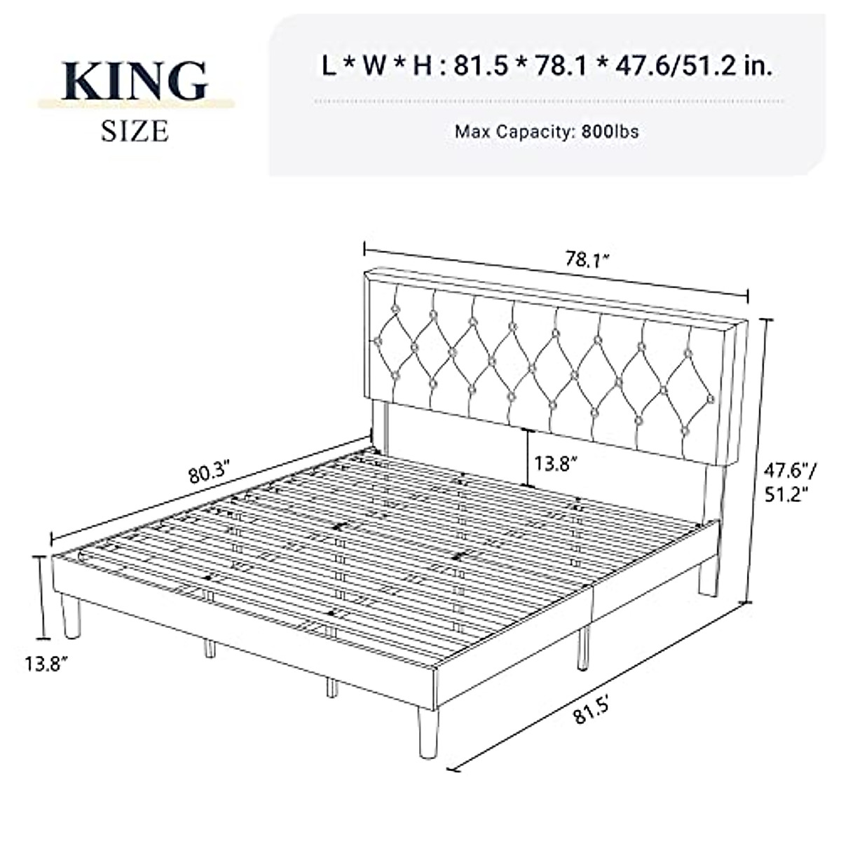 Allewie King Size Platform Bed Frame/Fabric Upholstered Bed Frame with Diamond Button Tufted Headboard/Adjustable Headboard/Wood Slat Support/Mattress Foundation/Dark Grey (King)