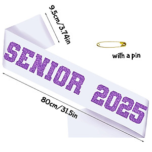Generic Senior Sash 2025, Graduation Sash White with Purple Glitter Letter, Class of 2025 Sash for Graduation Party, Senior Cheer Sashes, Cheerleader Sash, Class Competition Sashes