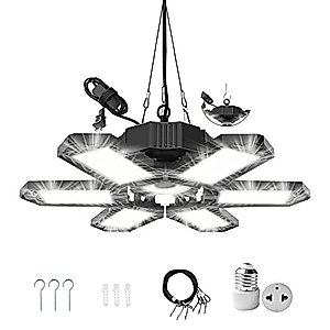 FAMURE LED Garage Lights, 185W Linkable Shop Lights with Cord Plug in, 18500LM Super Bright Hanging Deformable Ceiling Lighting 6500K Lamps with 6 Adjustable Panel for Warehouse