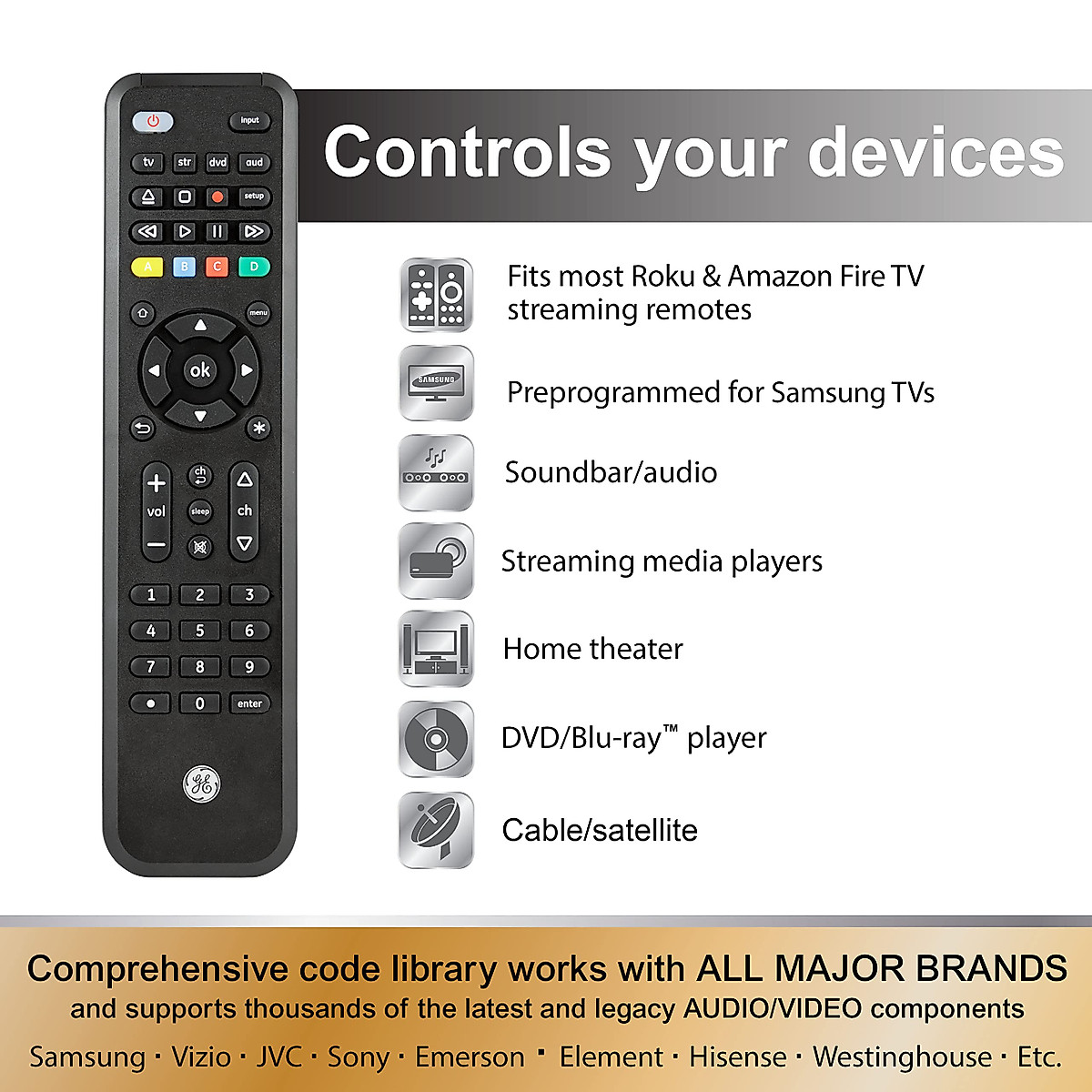 GE Universal Remote Control with Roku or Fire TV Streaming Remote Compartment, use with Samsung, Vizio, LG, Sony, Sharp, Apple TV, TCL, Smart TVs, Streaming Players, Blu-ray, DVD, 4-Device, 59046