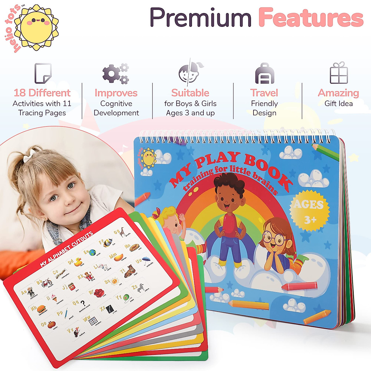 Helio Tots Play Book - Activity Book for Kids Ages 3-5 – Preschool Sensory Toy - 18 Different Activities and 11 Tracing Pages - Fine Motor Skills Toy for 3 Year Old Boy and Girl – Toddler Busy Toy