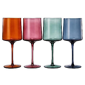 Muted Colored Square Crystal Wine Glasses Set of 4, Gift For Her, Him, Wife, Friend - Large 13.5 oz, Italian Style Tall Drinkware - Red & White, Dinner, Color Beautiful Glassware, Stemmed Glass