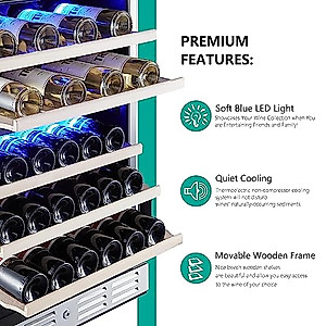 Kalamera 24 inch Wine Cooler, 46 Bottle - Dual Zone Built-in or Freestanding Fridge with Stainless Steel Reversible Glass Door, for Home, Kitchen, or Office.