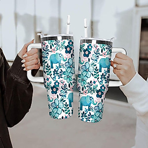 Puhnhsv 40 oz Insulated Stainless Elephant Tumbler With Handle and Straw, 40oz Coffee Travel Mugs Cup Water Bottle Elephant Lovers Gifts for Women Girls