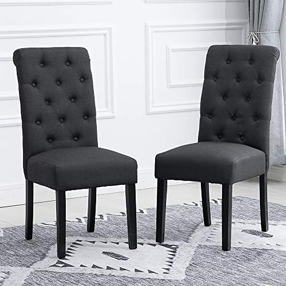 Pair Dining Room Chairs Kitchen Chairs Set of 2 Grey Comfortable Linen Fabric Upholstered Black Wood Legs Side Chairs Studded Nailhead and Button for Living Room Restaurant Lounge (2, Charcoal Grey)