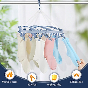 Aolloa Clothes Drying Rack with 32 Clothespins, Bule Foldable Hanging Drying Racks, 360° Rotatable Hook for Drying Towels Bras Baby Clothes Gloves Plastic, Clothes Drying Foldable-Bule