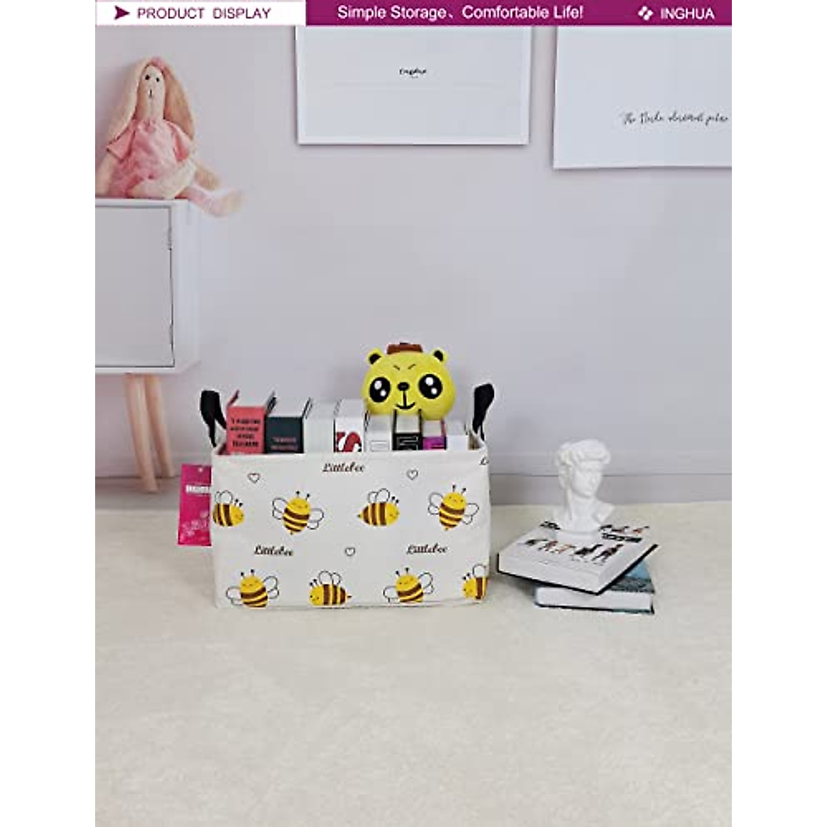INGHUA Rectangular Storage Basket Fabric Organizer Bin for Toys,Books,Clothes,Gifts,Pets-Perfect for Home,Office,Nursery,Dorm,Shelf(Rec-Bee)