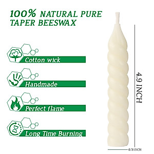 White Beeswax Taper Candles, 5 Inch Spiral Tapered Candles 10 Pack, Natural Bees Wax Candle Sticks - Smokeless Dripless and Unscented for Home Decoration, Wedding, Party