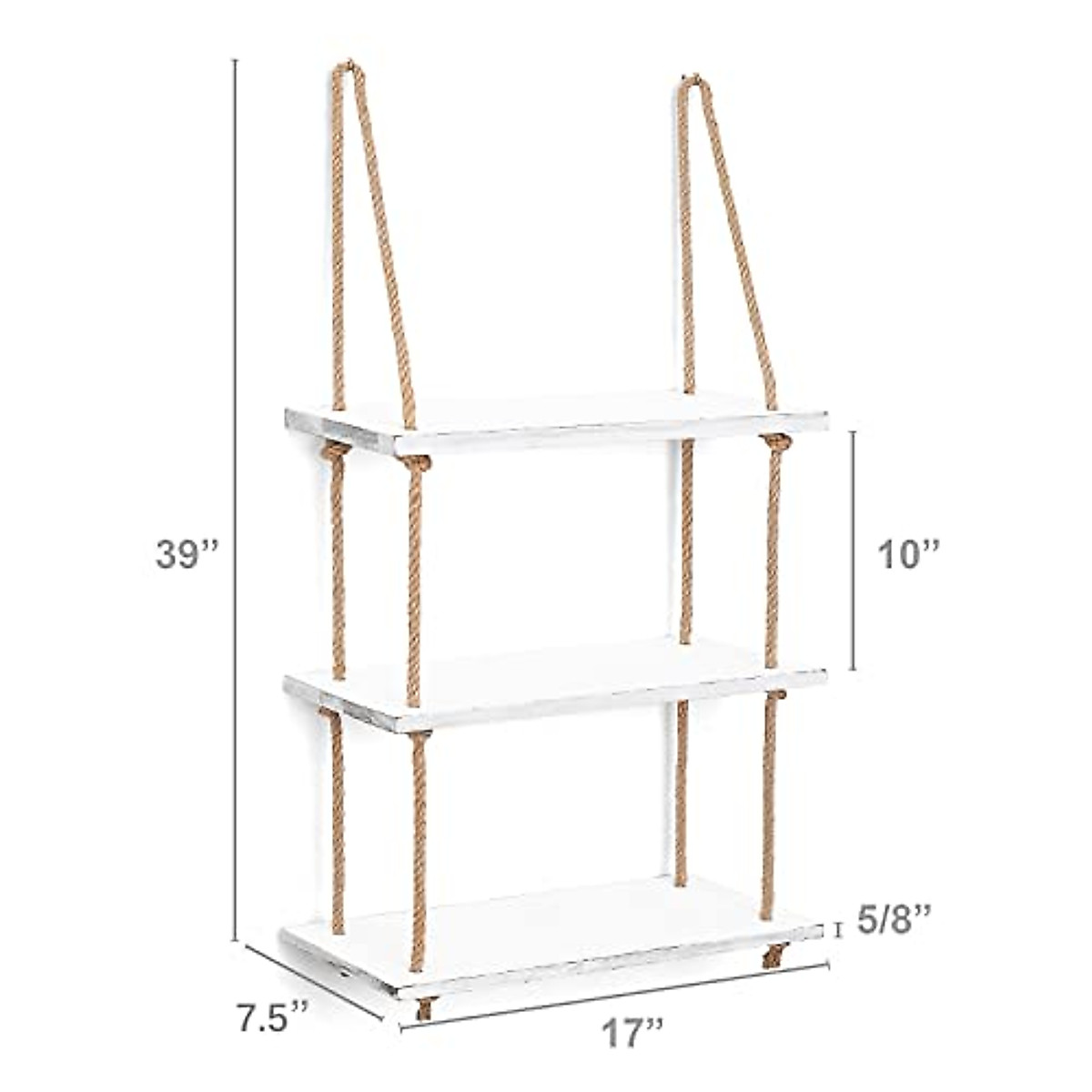Mkono Hanging Shelves 3 Tier White Wood Wall Mount Floating Shelf with Rope Boho Decor for Living Room Bathroom Bedroom Kitchen Apartment - Rustic Wood Decorative Storage Shelf