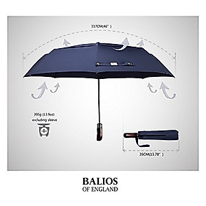 Balios Travel Umbrella Wood Handle Auto Open Close Vented Canopy Dark Navy