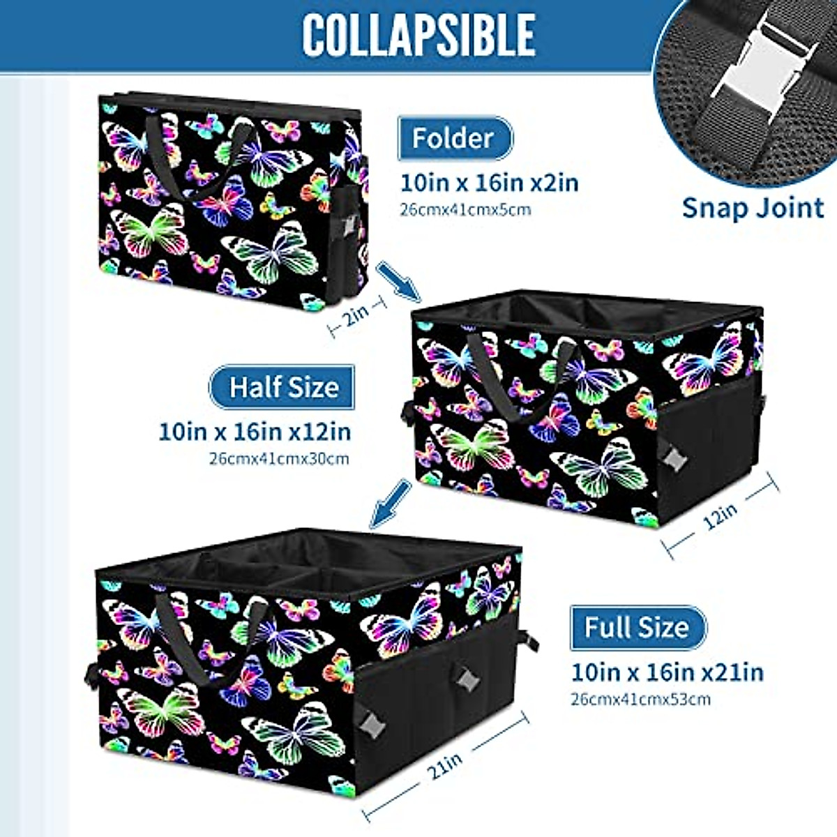 BOLIMAO Car Trunk Organizer Butterflies Black Background Back Seat Large Organizer Cargo Storage with Dividers Collapsible Trunk Cargo Organizer Tote Bag for Groceries SUV Sedan Camper Camping
