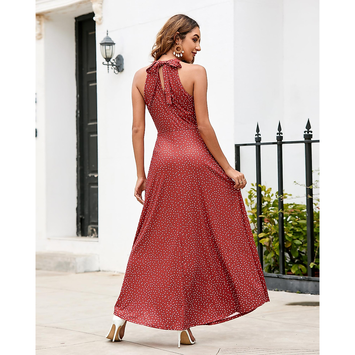 STYLEWORD Women's 2025 Fashion Summer Spring Beach Vacation Red Polka Dot Casual Garden Party Maxi Long Dress Trendy(Floral 33,S)
