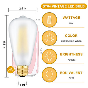 CRLight 8W Dimmable LED Edison Bulb 3000K Soft White, 70W Equivalent 700 Lumens, E26 Medium Base Vintage Style ST64 Frosted Glass Lengthened Filament LED Light Bulbs, Smooth Dimming Version, 6 Pack
