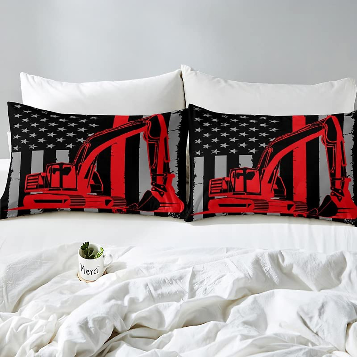 Feelyou American Flag Excavator Duvet Cover Cartoon Excavator Comforter Cover Red Construction Site Car Bedding Set for Kids US Flag Vehicle Truck Cars Bedspread Cover Twin Size Zipper (No Comforter)