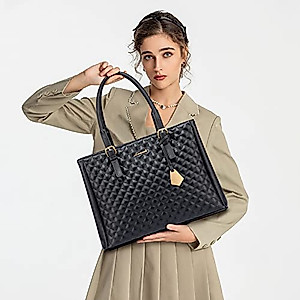 LOVEVOOK Purses for Women, Quilted Womens Handbags and Purses Set with Vegan Leather, Fashion Tote Purse with Top Handle, Satchel Shoulder Bag with Top Zipper, 3pcs, Black