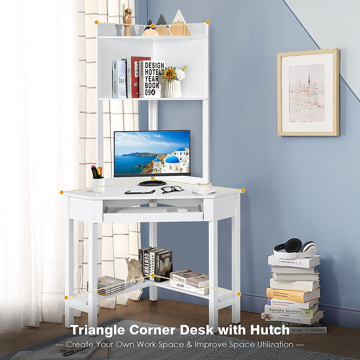 COSTWAY Corner Desk with Hutch, Compact Corner Computer Desk, Study and Writing Table with Keyboard Tray & Bottom Shelves, Space-saving Laptop PC Desk for Small Space, Home, Bedroom, Apartment (White)