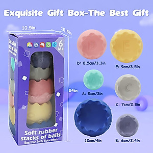 Maikerry 6 PCS Baby Blocks Stacking Balls Soft Toys,Montessori Sensory Toys Squeeze Play with Letter, Number and Graphic,Early Educational Learning Stacking Circle Tower, Best Gift for Toddlers