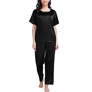 SWOMOG Pj set for Women Silk Pajamas Sleepwear Long Pant Pajama Set Soft Pajamas Satin Pjs Loungewear Two Piece Short Sleeve Pj Set Black M