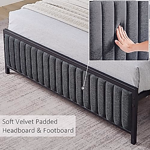 VECELO Queen Bed Frame with Upholstered Tufted Headboard & Footboard, Heavy Duty Steel Slats Platform, No Box Spring Needed, Grey