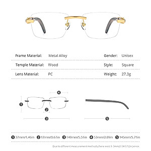 HEPIDEM 100% Really Buffalo Horn Handmade Glasses Frame Square Rimless Luxury Buffs Eyeglasses (50251 Really Red Wood)
