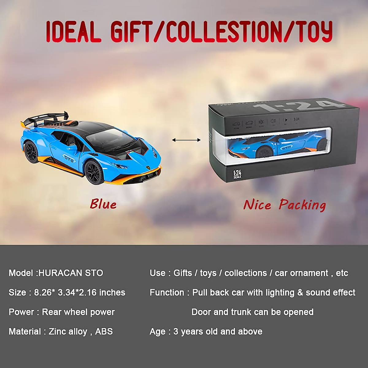 1:24 Alloy Diecast Car Model for Lamborghini Huracan STO 2021 Toy Car, Pull Back Vehicles Model Cars Toy for Kids 3 to 12 Years Old Gift Adult Collection Car Model with Light & Sound (Vibrant Blue)