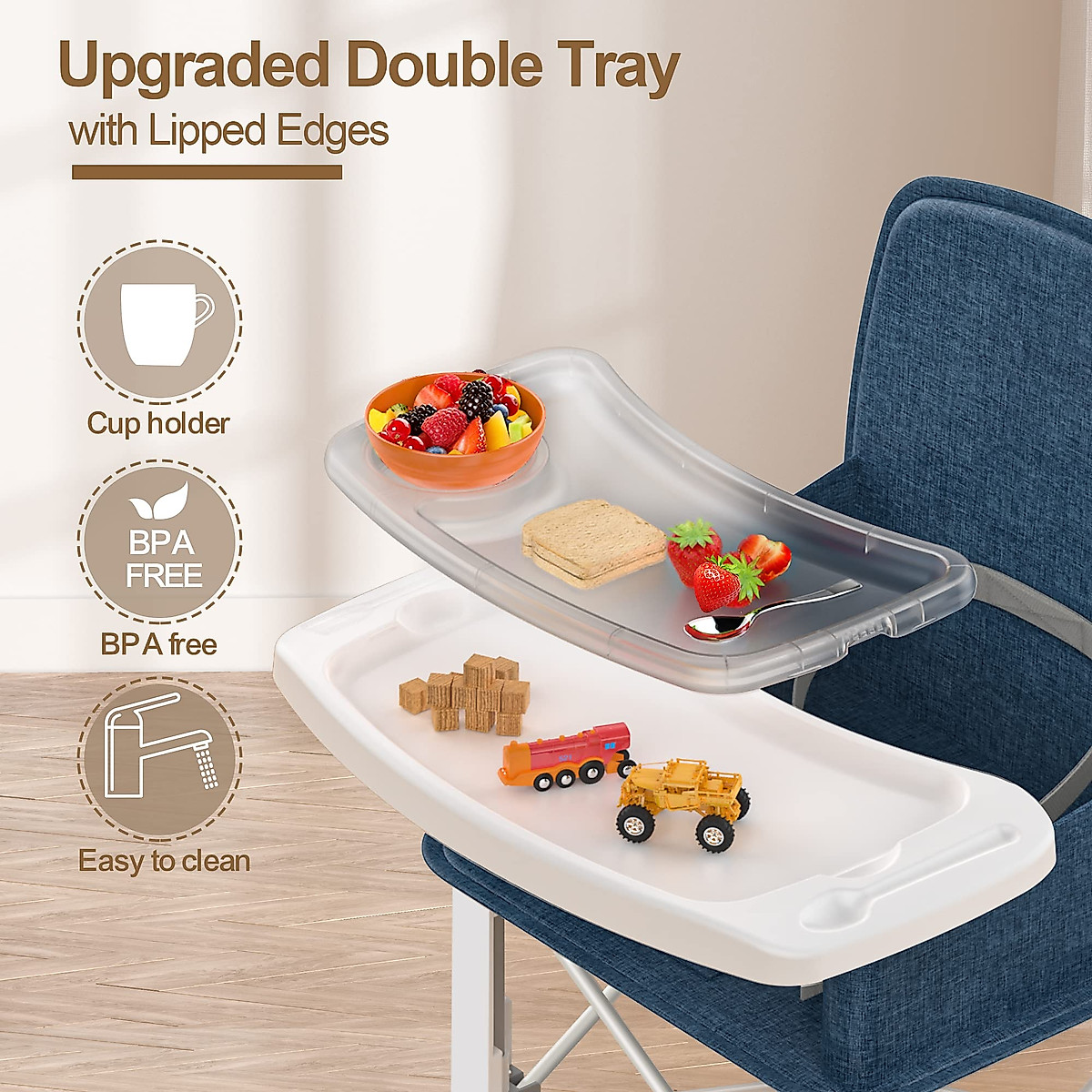 Baby Travel Booster Seat with Double Tray, BabyBond Upgraded Toddler Portable Baby Chair, Booster Seat for Dining Table, Stable and Foldable Booster Baby Chair for Indoor/Outdoor use (Denim Blue)