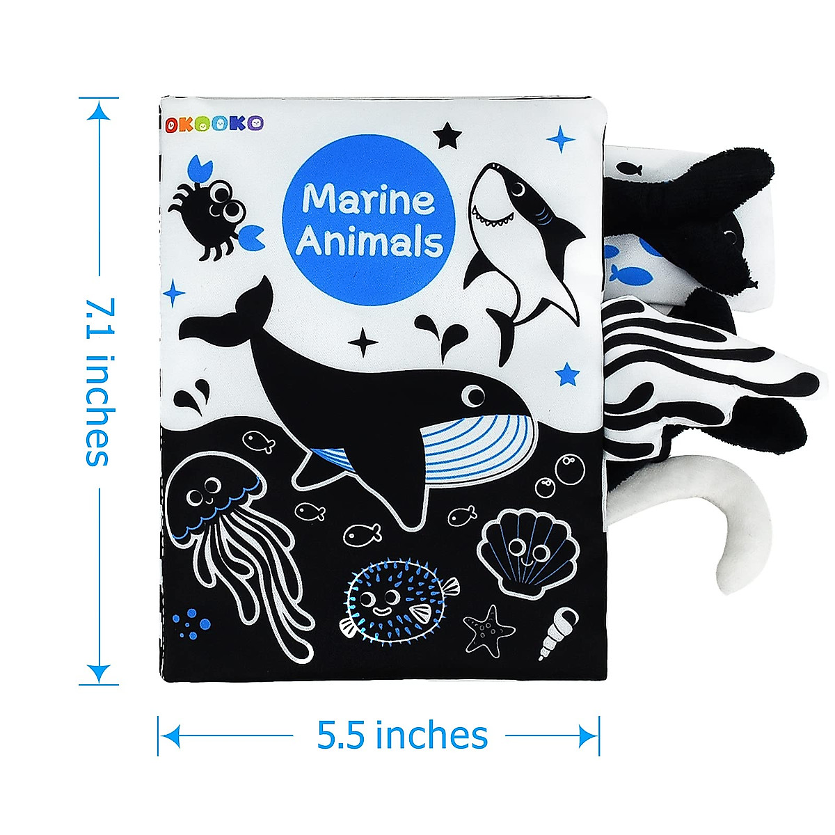 OKOOKO Soft Baby Book Black and White High Contrast Marine Animals Tails Book Bath Book Montessori Sensory Stroller Toy Non-Toxic Crinkle Washable Early Education for Baby Infant Toddler