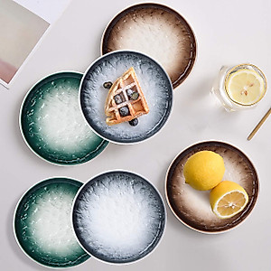Eglaf 6'' Ceramic Small Appetizer Plates - Porcelain Gradient Water Wave Embossed Texture - Dessert Plates for Tea Party, Cake, Ice cream, Waffles, Apple Pie, Snacks (Set of 6-3 Colors Mix)