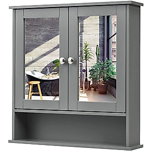 Salches Wall Mounted Bathroom 2 Mirrored Doors, Over-Toilet Hanging w/Shelves, Wooden Storage Organizer Medicine Cabinets, Grey