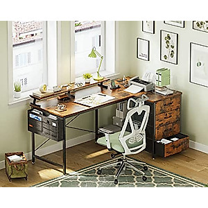 ODK 55 inch L Shaped Computer Desk with USB Charging Port & Power Outlet, L-Shaped Corner Desk with 4 Tier Drawer & Monitor Shelf for Home Office Workstation, Modern Style Writing Table, Vintage