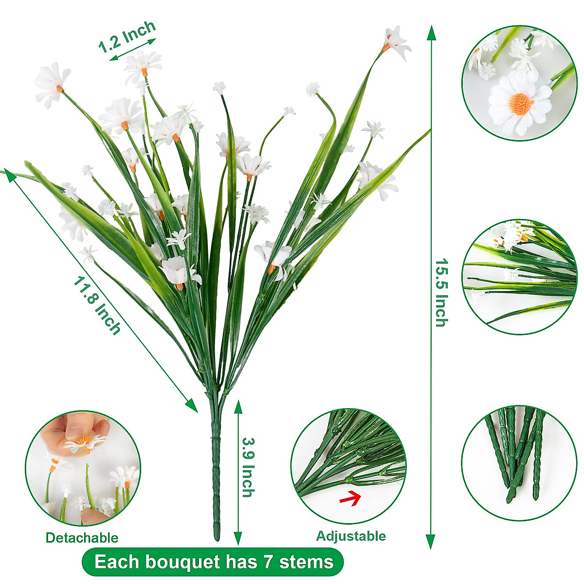 8 Bundles Artificial Daisy Flowers Fake White Daisies Plants Greenery Stems UV Resistant Cemetery Flowers for Spring Decor Outdoors Indoor Party Garden Hanging Planter Window Box Decorations